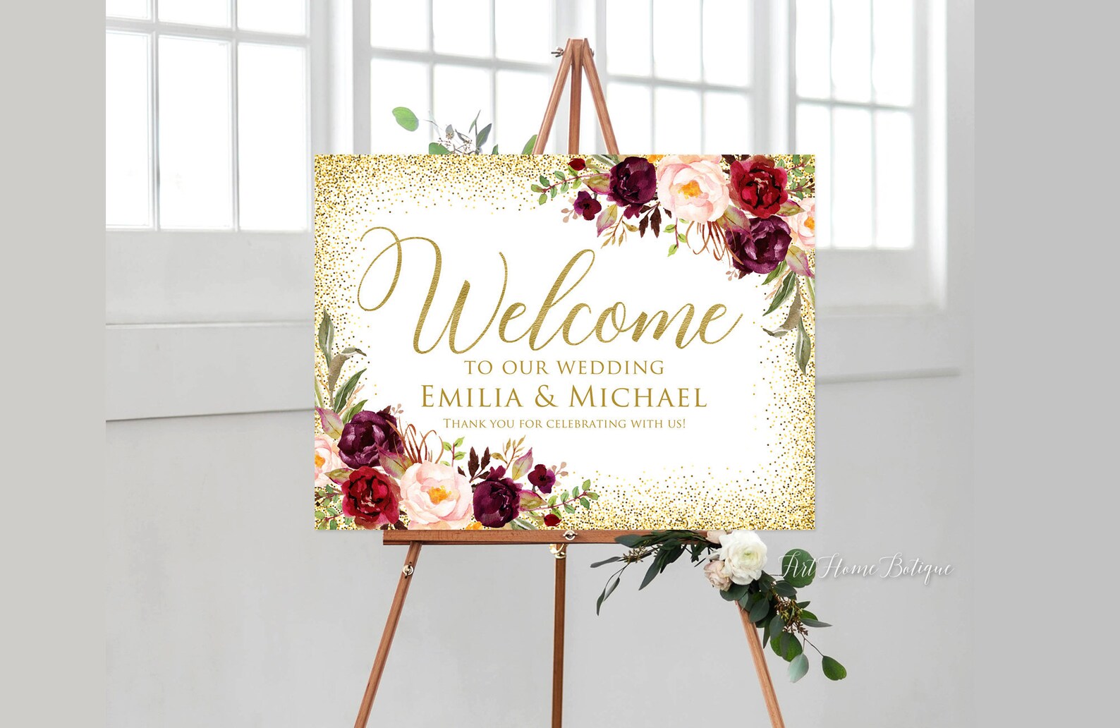 Burgundy and Gold Wedding Welcome Sign, Burgundy Welcome to Our Wedding ...
