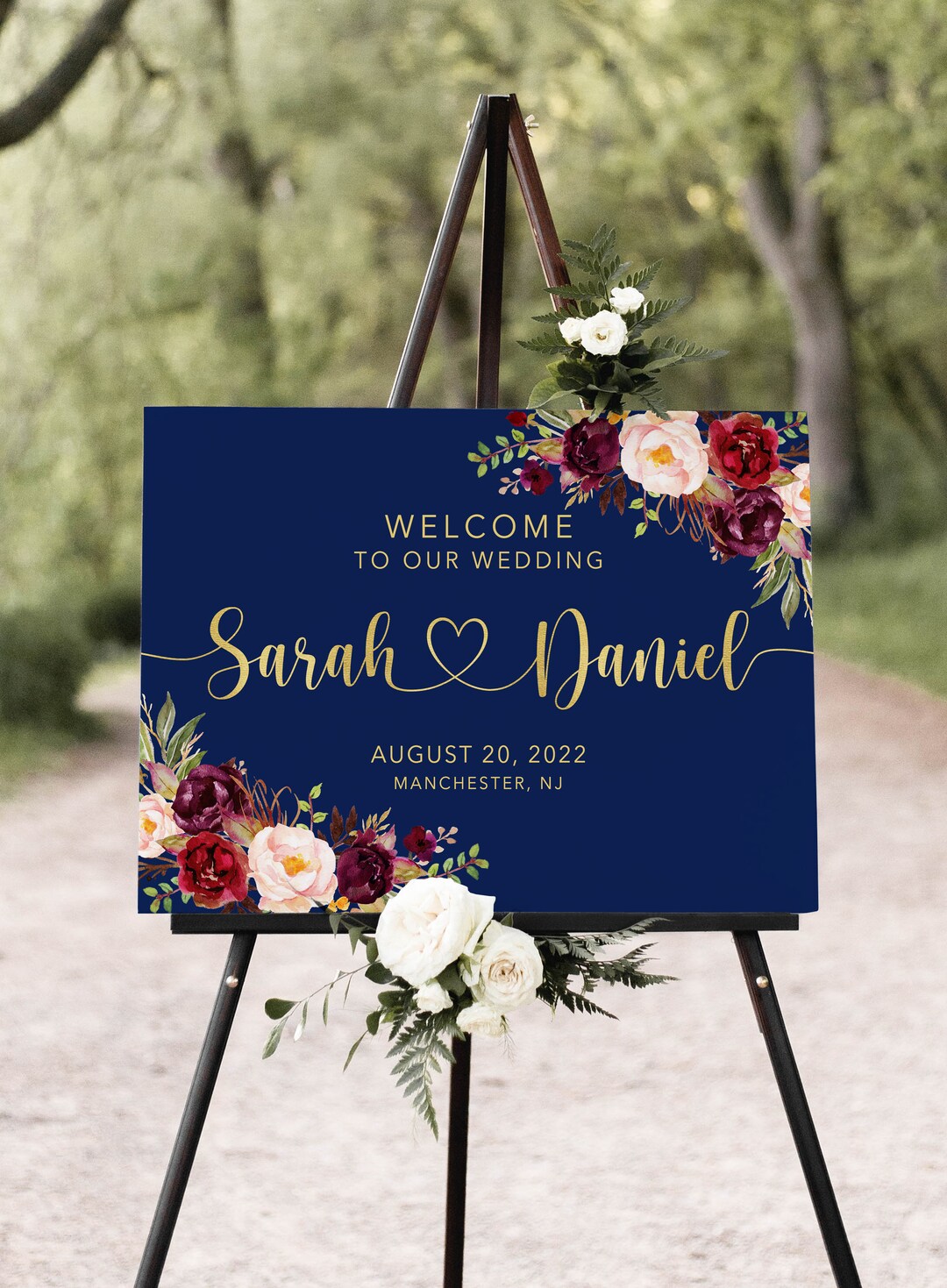 Navy Gold Wedding Welcome Sign, Navy Marsala Welcome Wedding Sign ...
