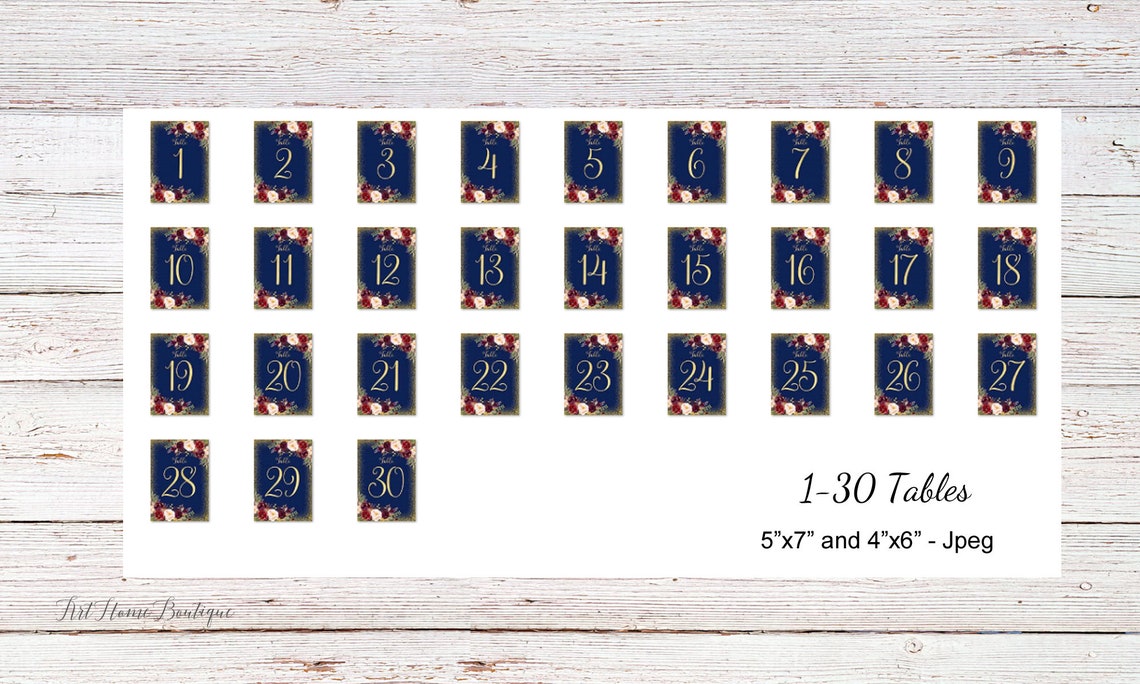 Navy Wedding Table Numbers Floral Table Numbers Birthday - Etsy