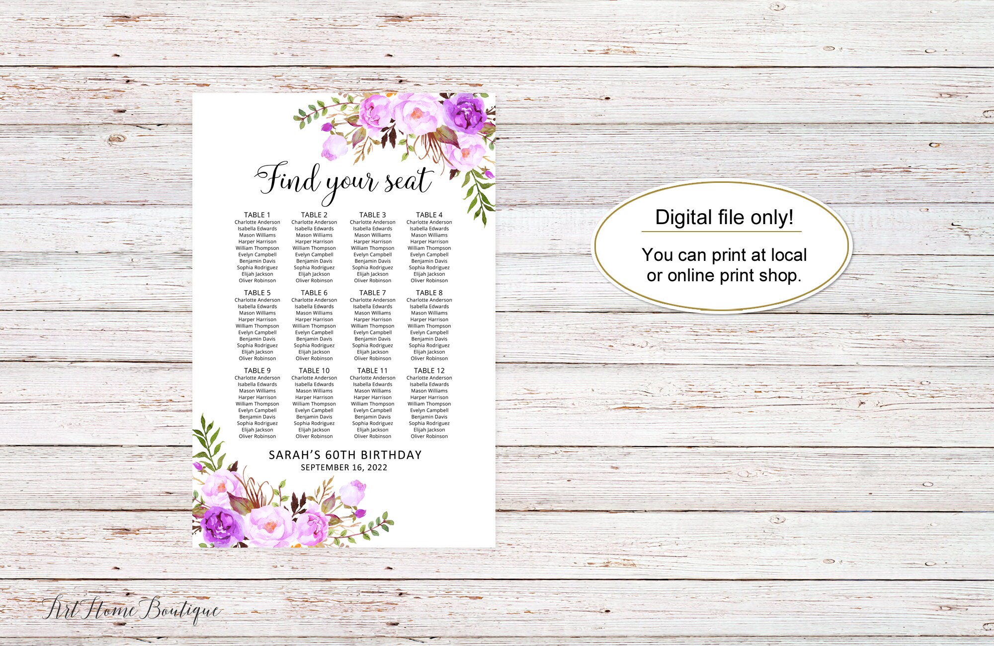 Purple Gold Birthday Seating Chart Digital file Purple Gold Seating ...