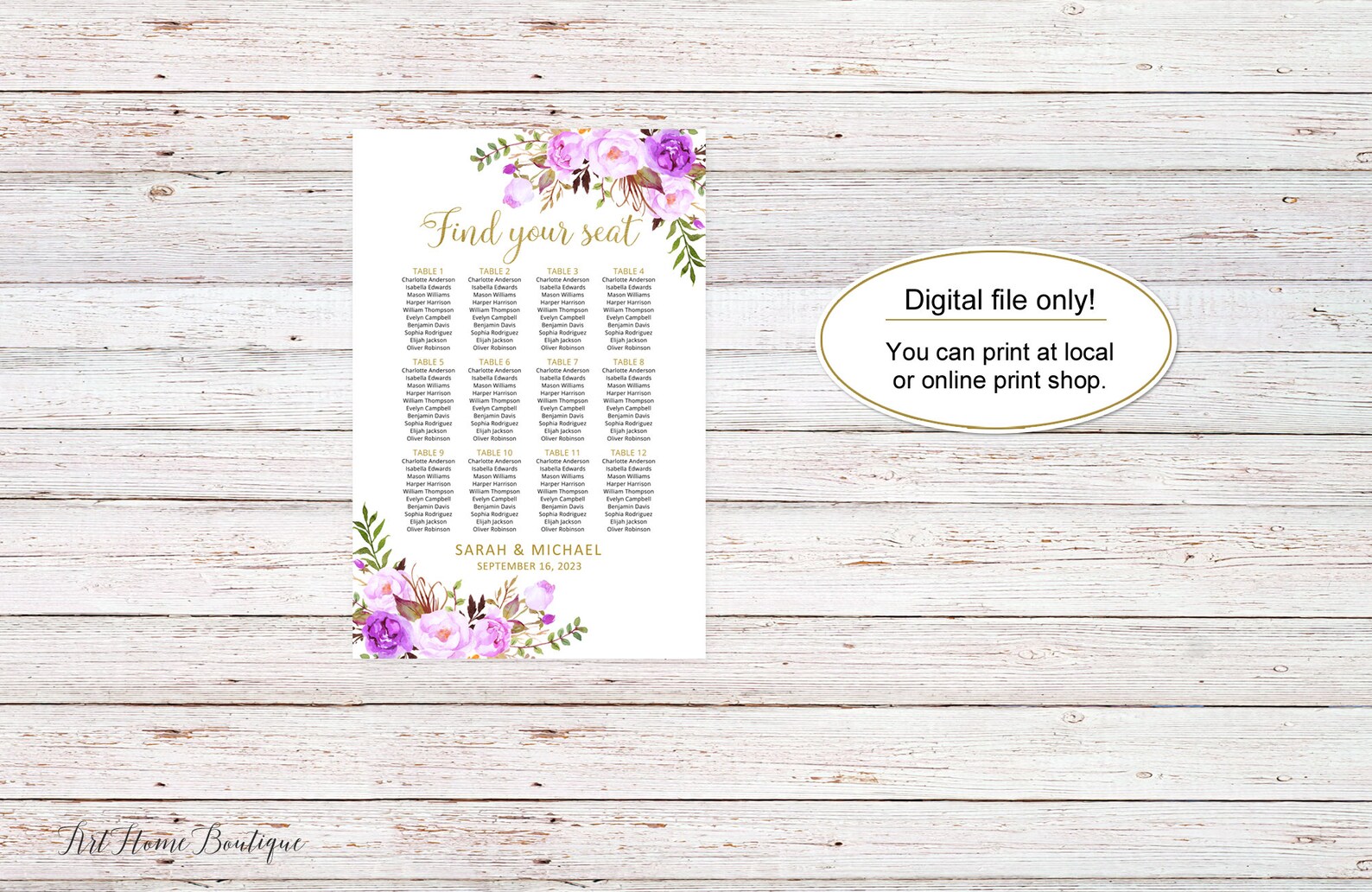 Purple Seating Chart Purple Gold Seating Plan Wedding - Etsy