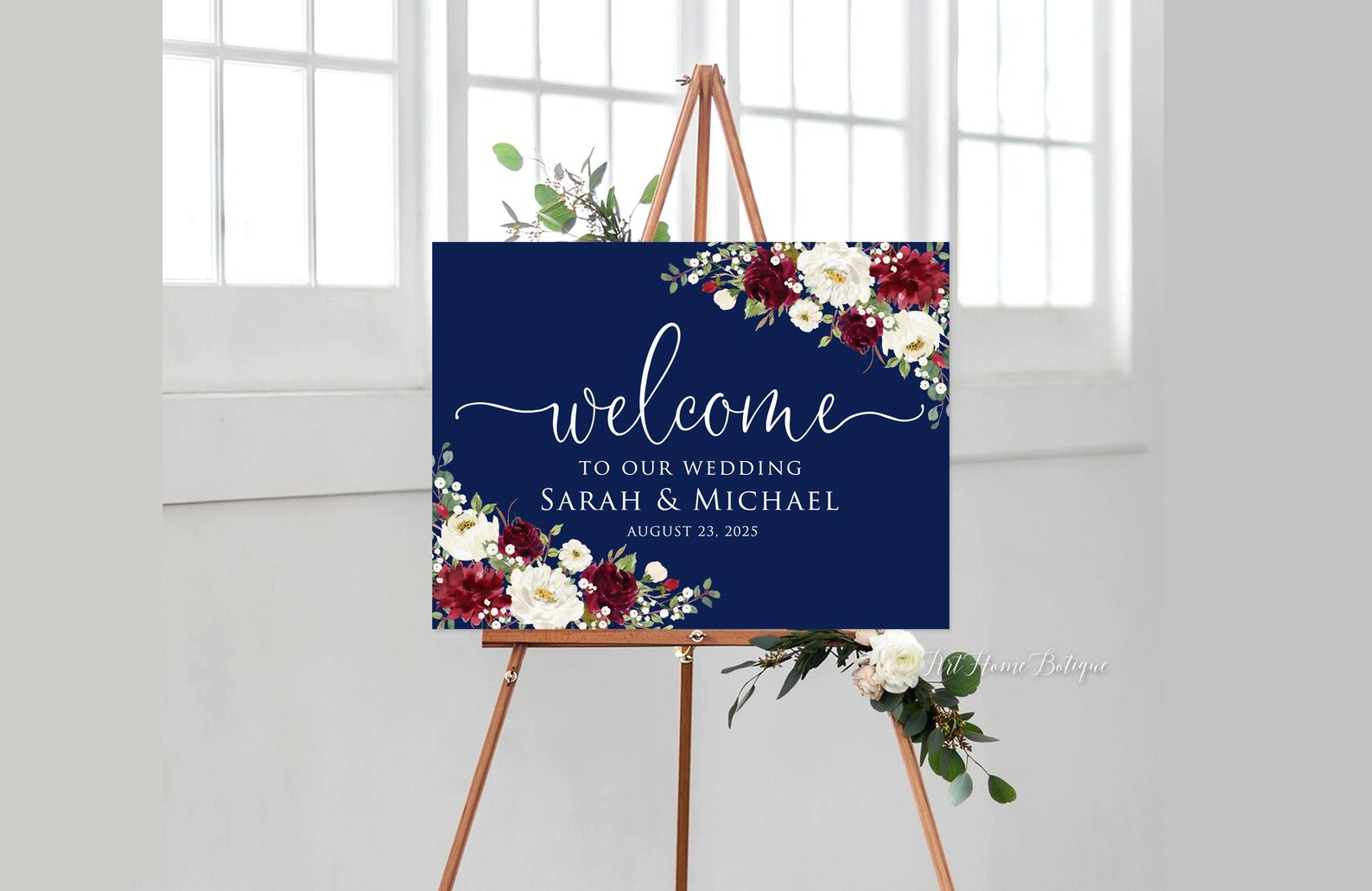Burgundy Navy Wedding Welcome Sign, Gypsophila Wedding Sign, Baby’s ...