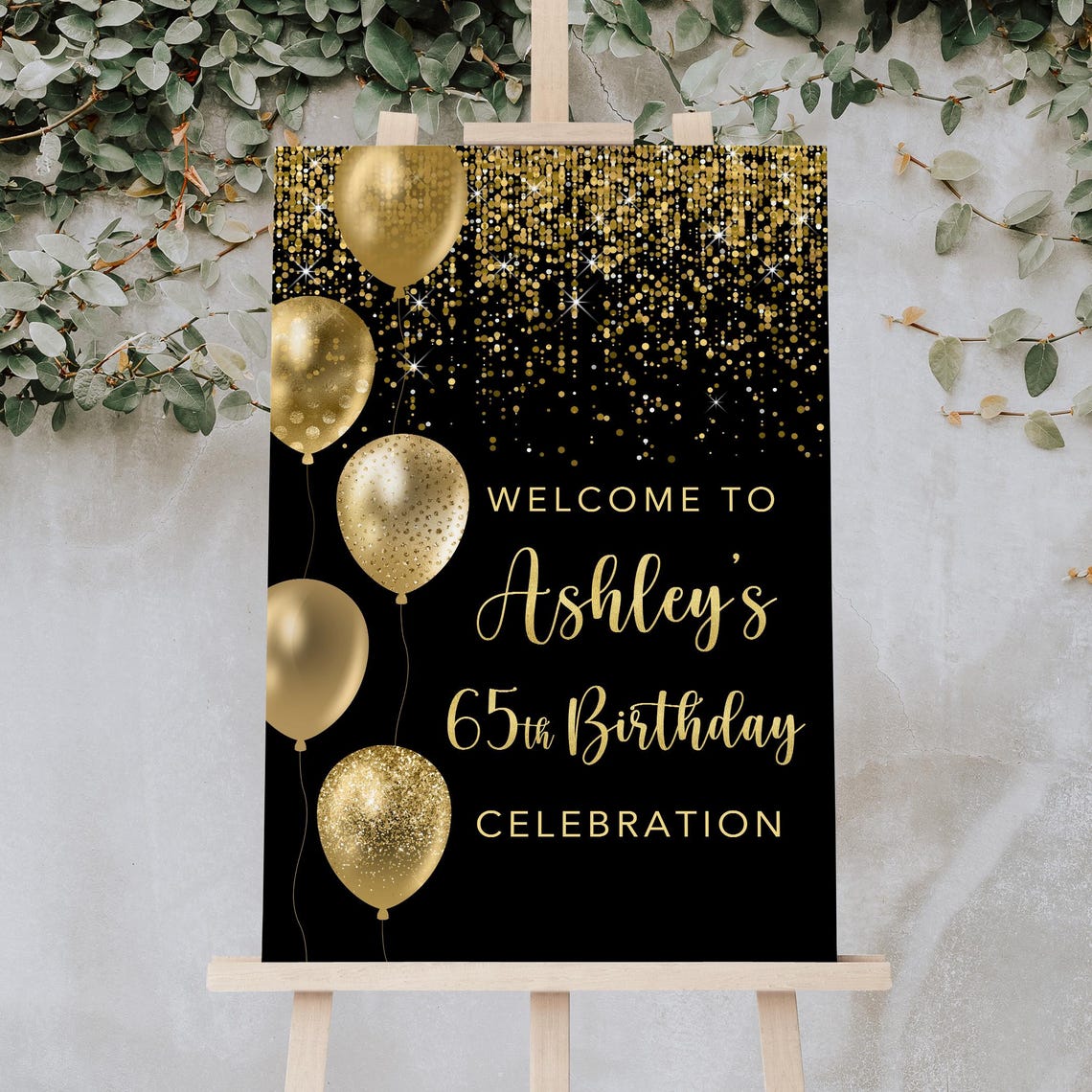 65th Birthday Welcome Sign, Any Age, Black and Gold Birthday Party ...