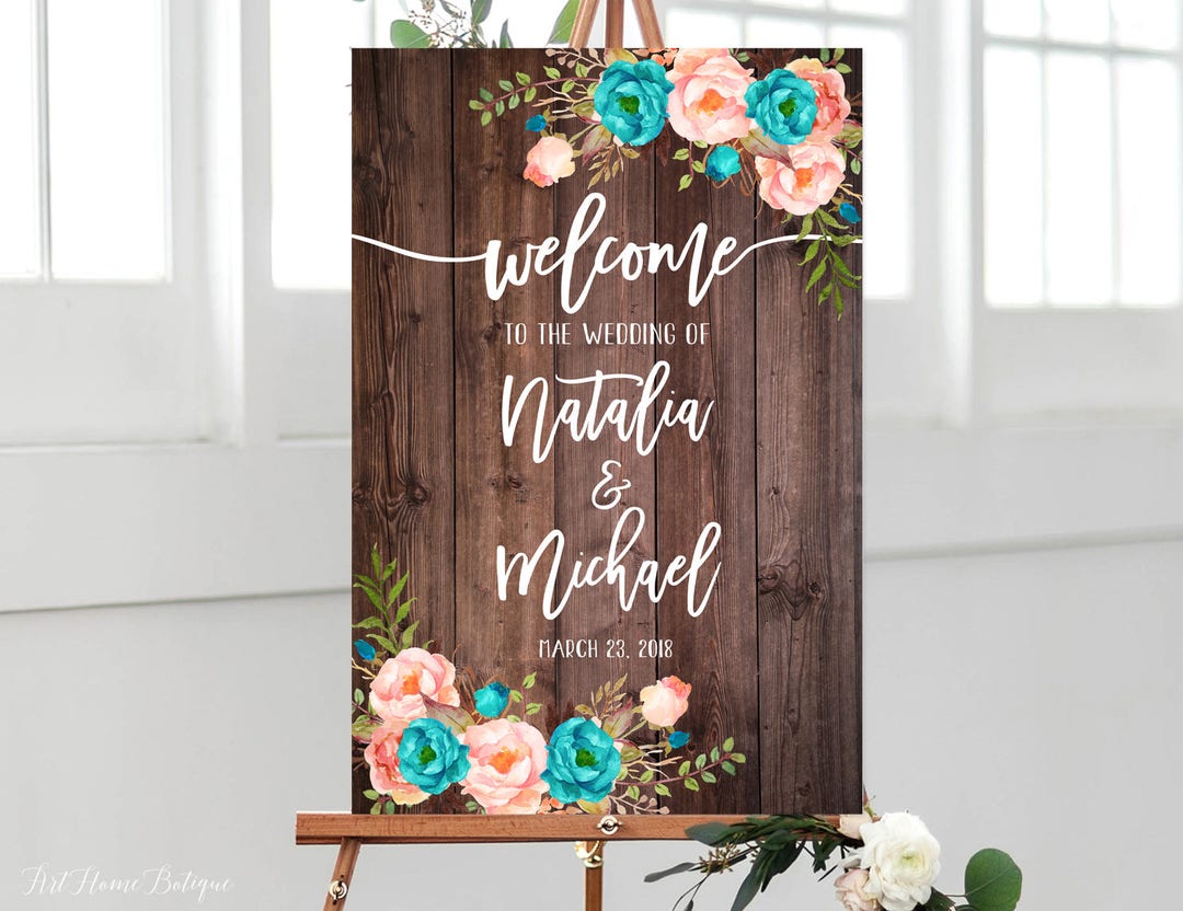 Rustic Welcome Wedding Sign, Teal and Coral Wedding Welcome Sign ...