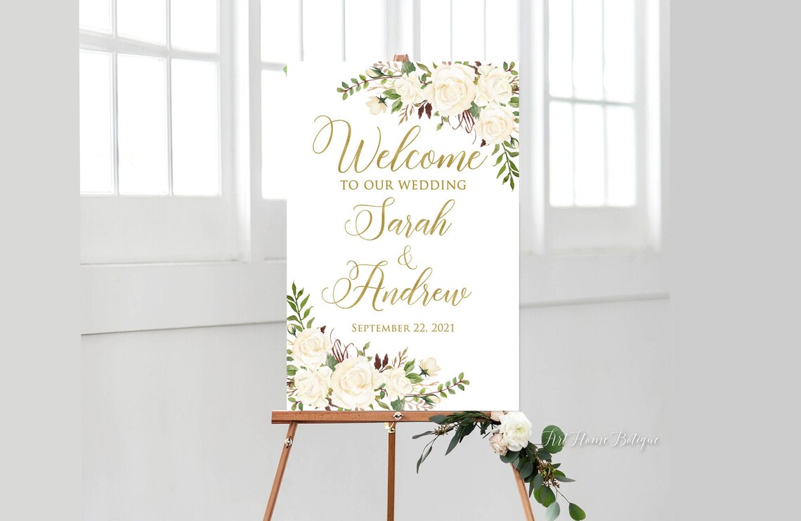 Gold Wedding Welcome Sign Floral Welcome Wedding Sign Gold | Etsy