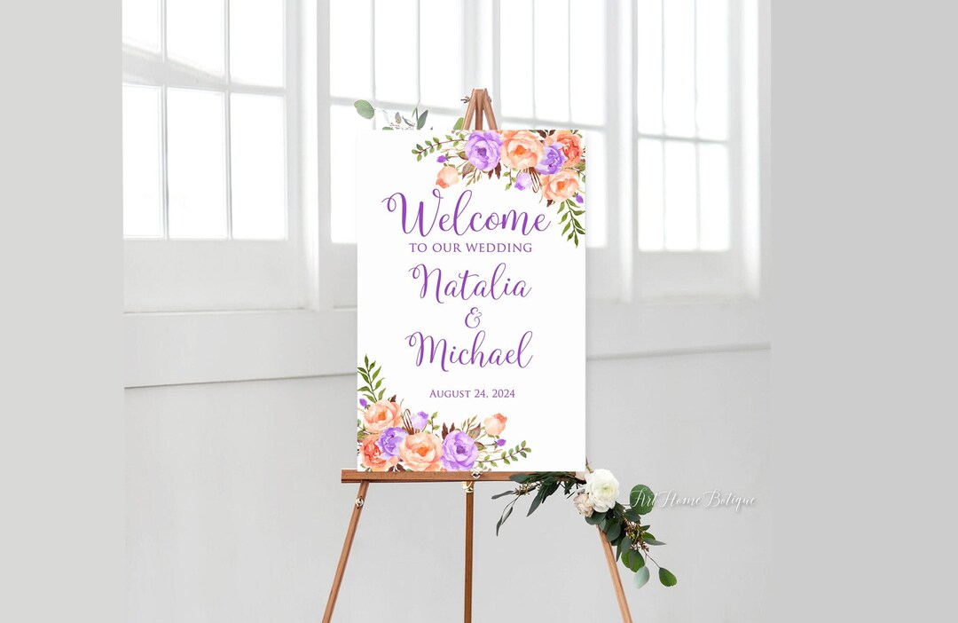 Printed or Digital Lilac and Peach Wedding Welcome Sign, Purple Coral ...