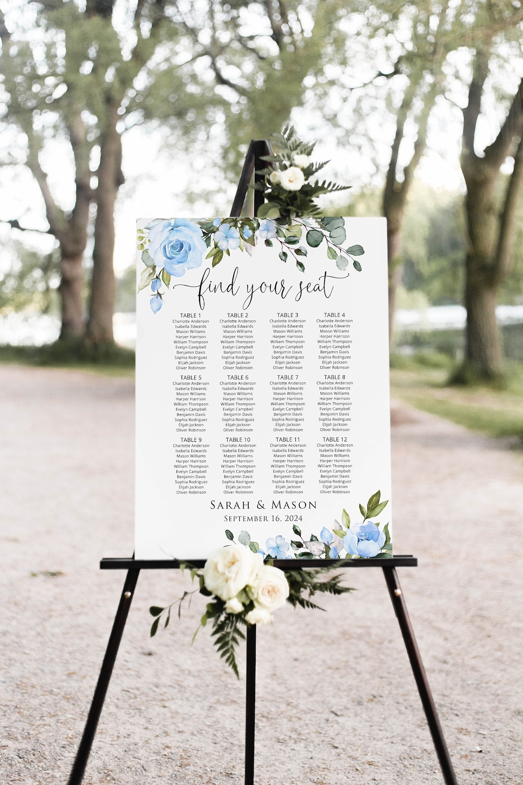Light Blue Floral Seating Chart, Blue Wedding Seating Chart, Find Your ...