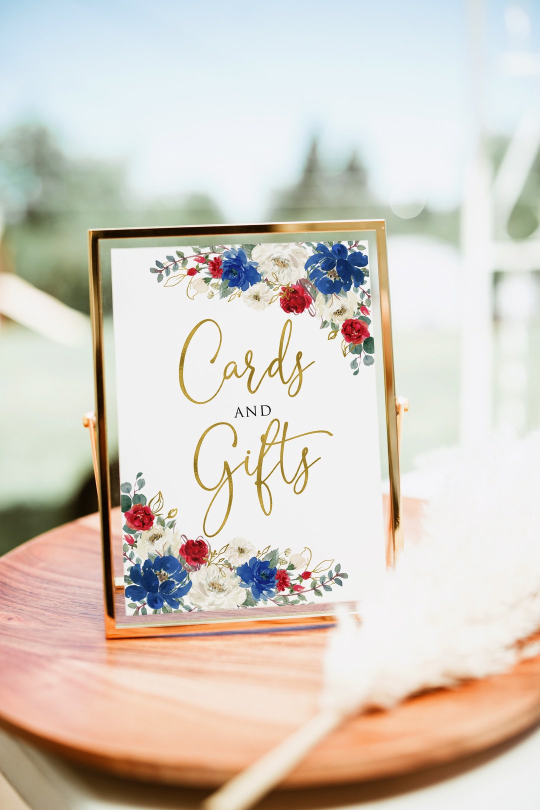Red Blue Cards and Gifts Sign, Floral Cards and Gifts Sign, Red Blue ...