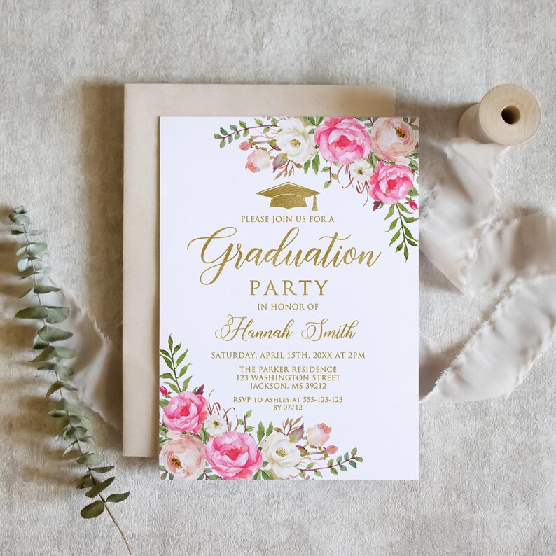 Hot Pink Floral Graduation Invitation, Pink and Gold Graduation ...