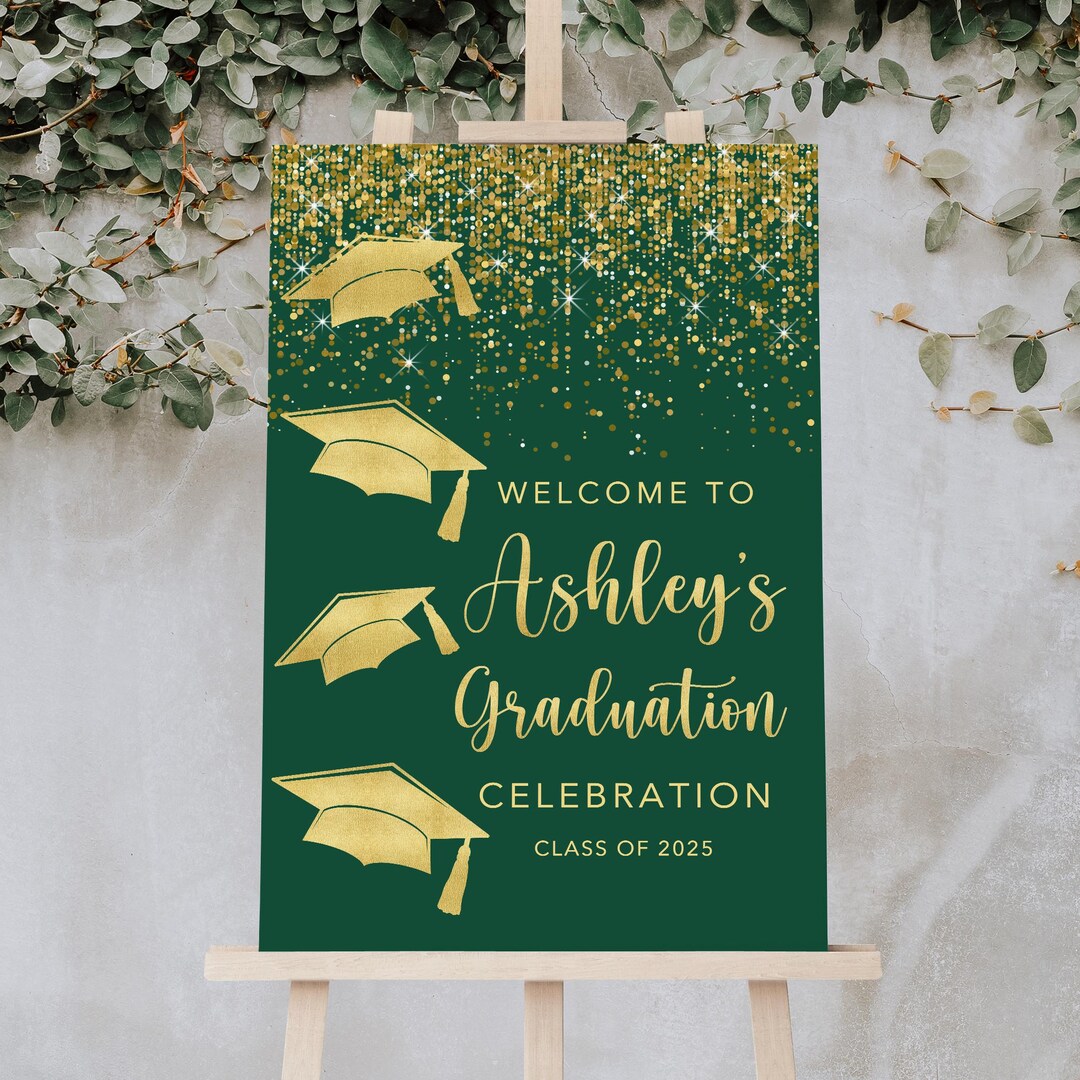 Hunter Green Graduation Party Welcome Sign, Gold Confetti Graduation ...