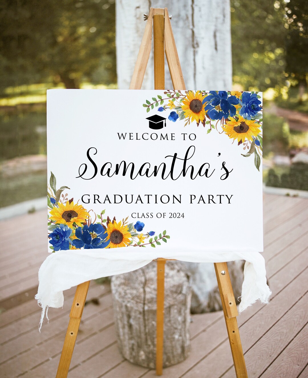 Royal Blue Graduation Party Welcome Sign, Sunflowers and Blue Roses ...
