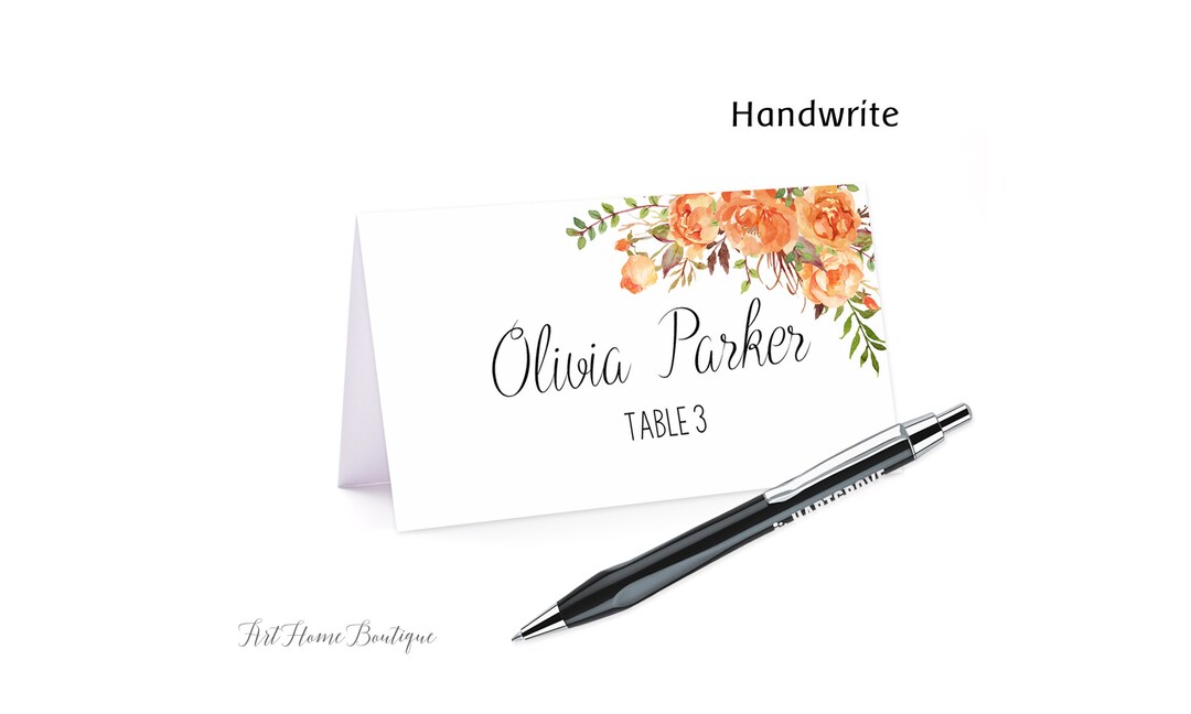 Orange Place Card, Food Tents, Name Card, Seating Card, Floral Place ...