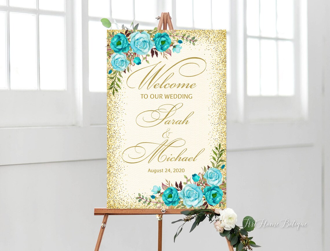 Teal Wedding Welcome Sign Teal and Gold Wedding Welcome Sign | Etsy