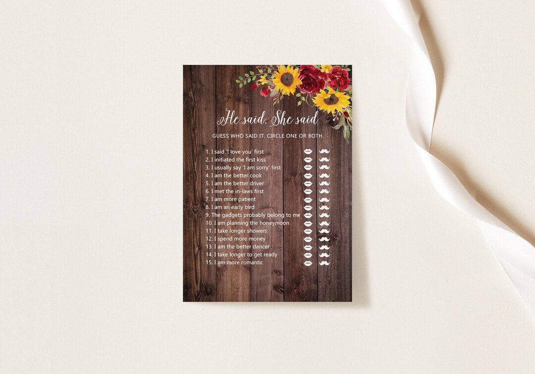 He Said She Said Bridal Shower Game, Rustic Sunflower Bridal Shower ...