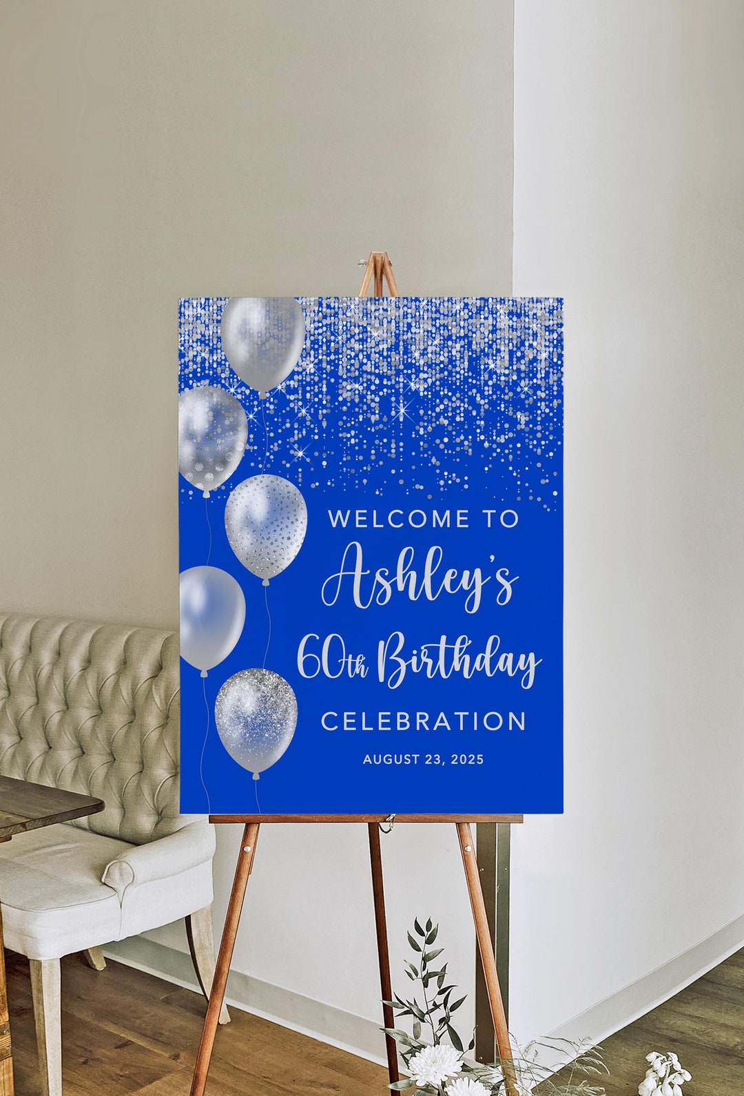 60th Birthday Welcome Sign, Royal Blue Birthday Welcome Sign, Balloons ...