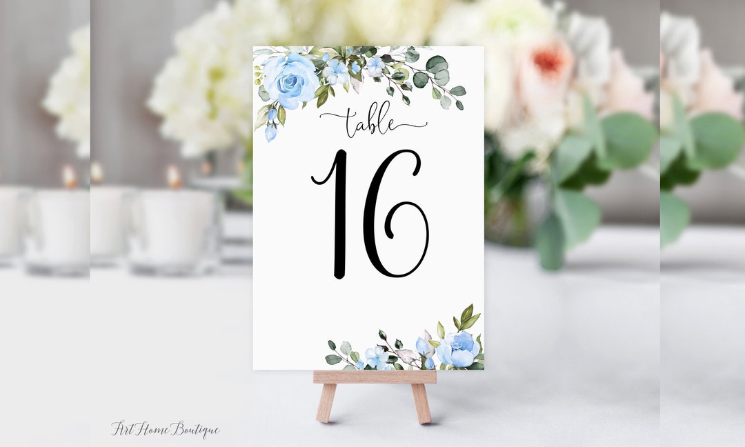 Blue Table Numbers, Light Blue Wedding Table Numbers, Floral Table ...