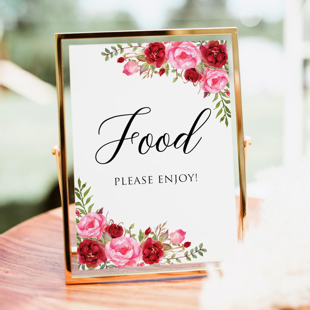 Hot Pink and Red Food Sign, Floral Wedding Table Sign, Red Pink Food ...