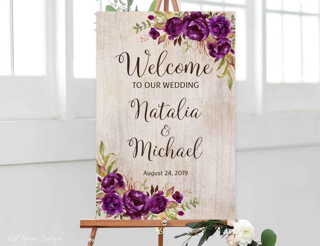 Rustic Welcome Wedding Sign, Purple Wedding Welcome Sign, Large Welcome ...