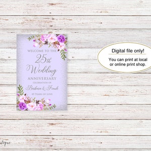 Purple Silver Wedding Anniversary Welcome Sign, 25th Anniversary ...