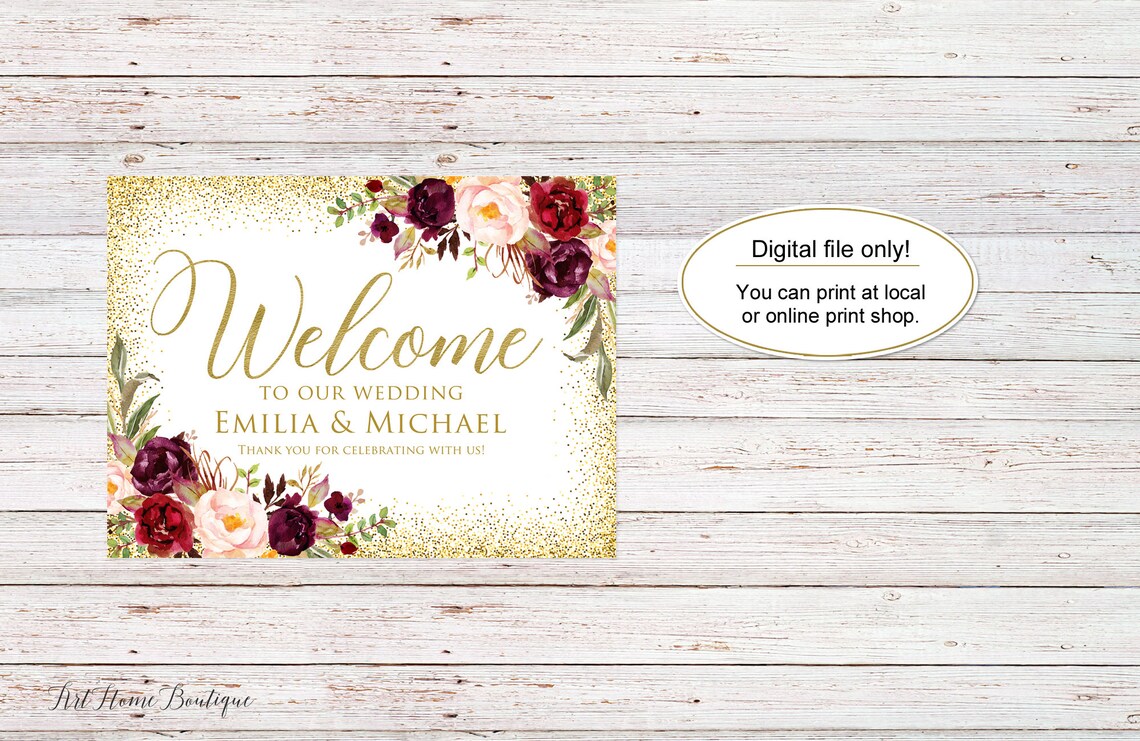Burgundy and Gold Wedding Welcome Sign, Burgundy Welcome to Our Wedding ...
