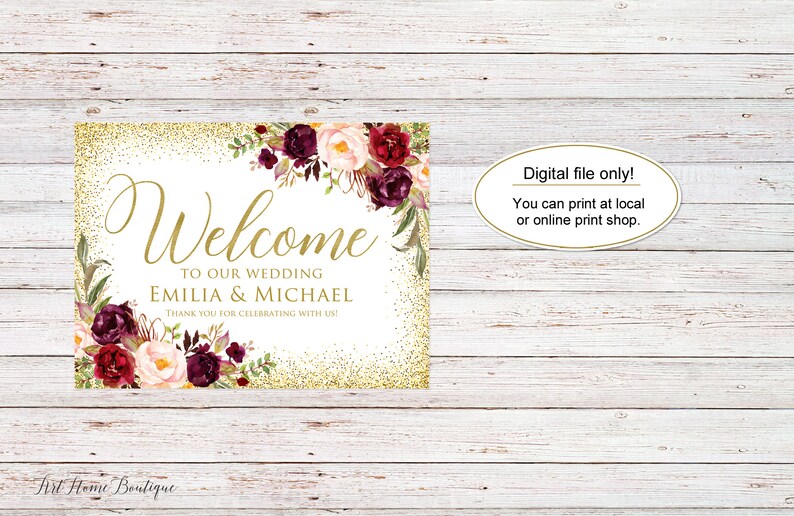 Burgundy and Gold Wedding Welcome Sign, Burgundy Welcome to Our Wedding ...