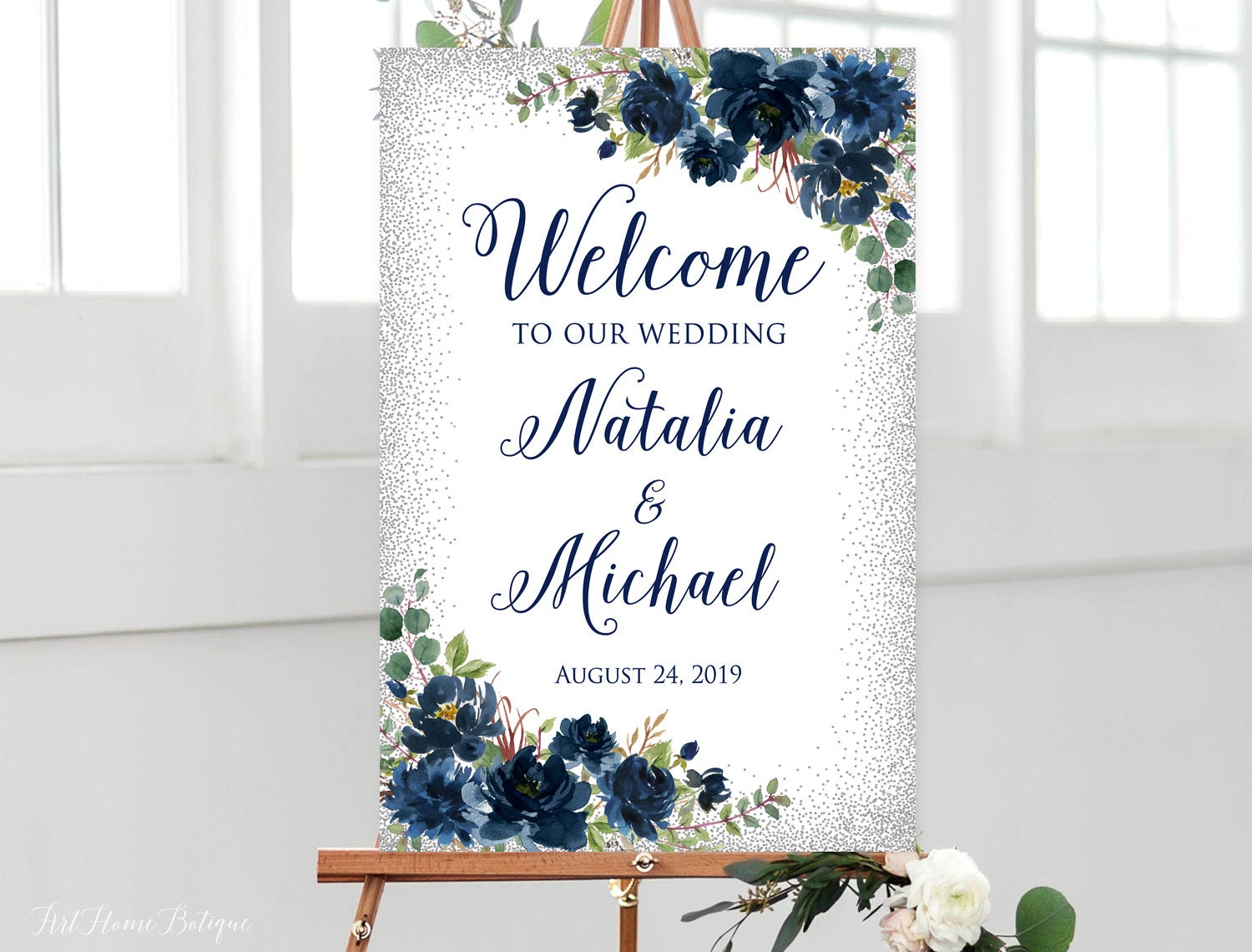 Welcome Wedding Sign, Navy Silver Welcome Wedding Sign, Floral Blue ...