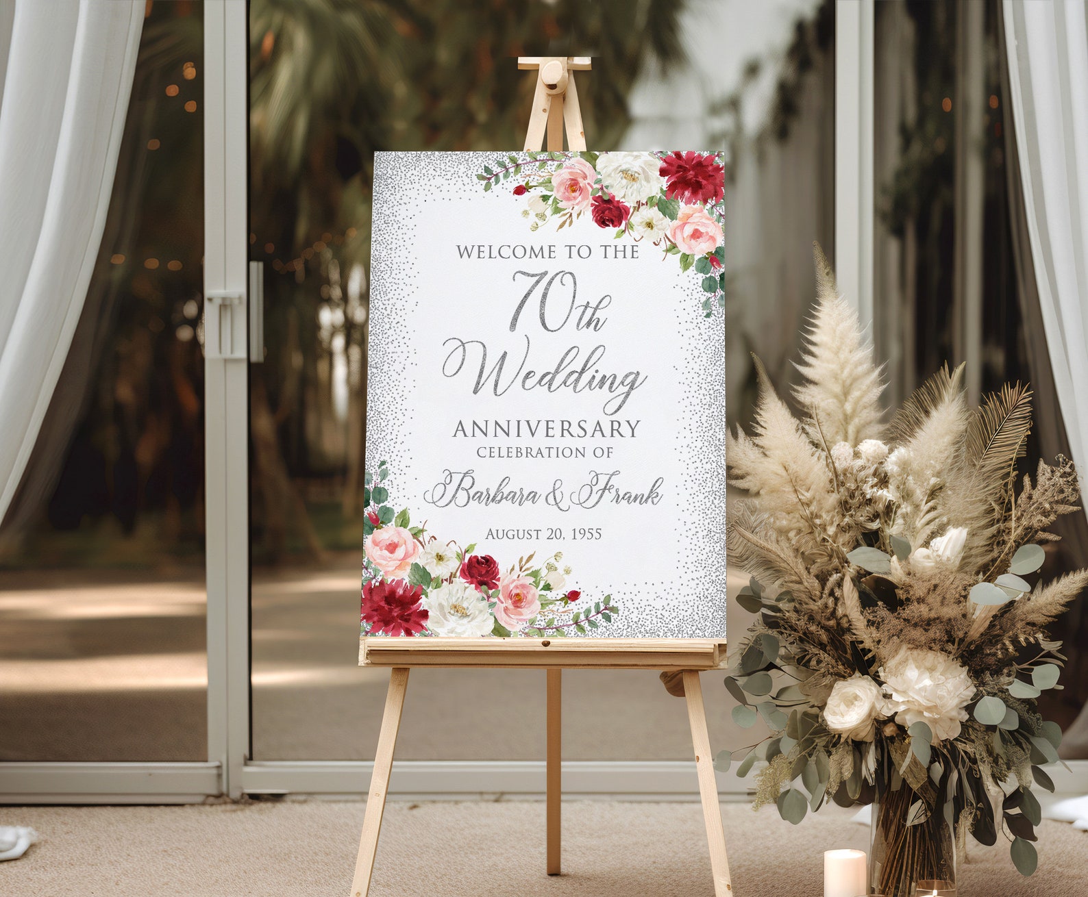 70th Anniversary Welcome Sign, Red Pink White Anniversary Sign, Silver ...