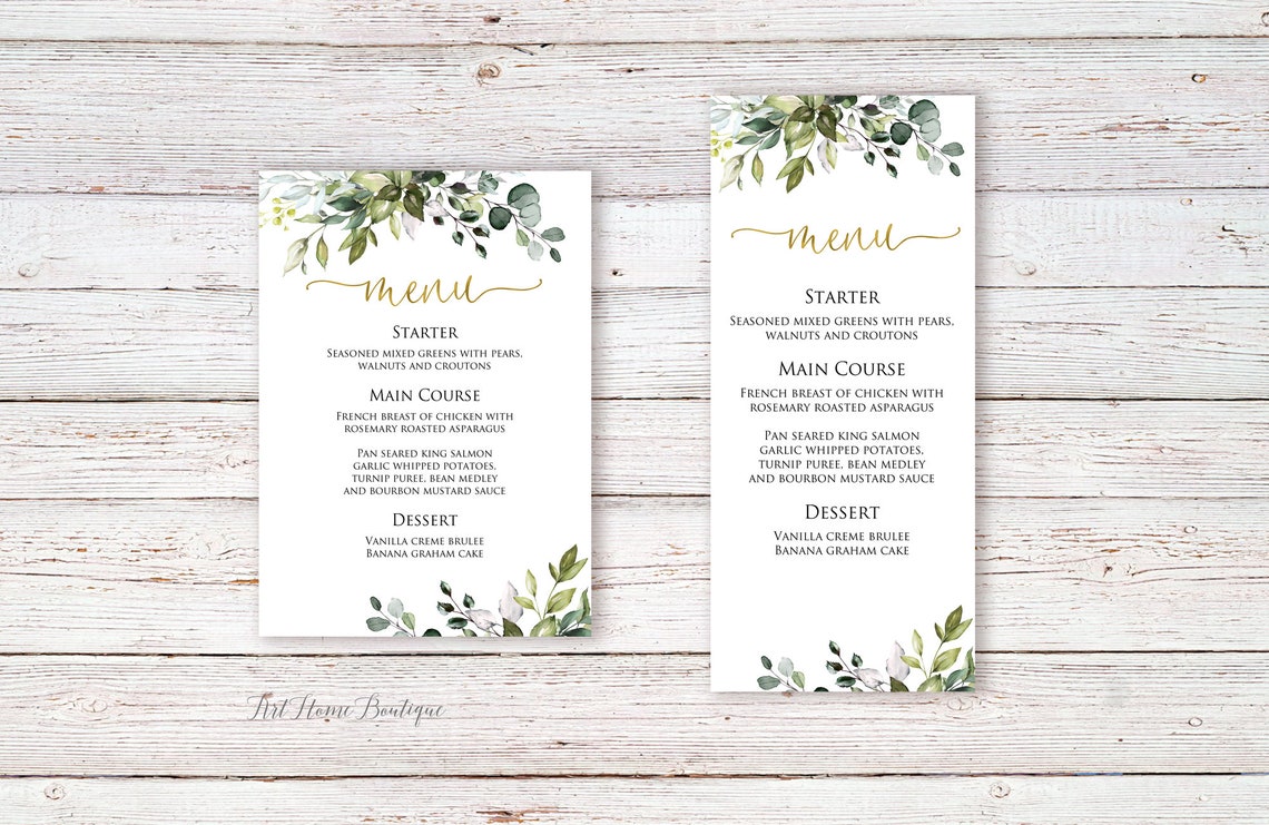 Greenery Wedding Menu Card Greenery Menu Card Modern Menu - Etsy