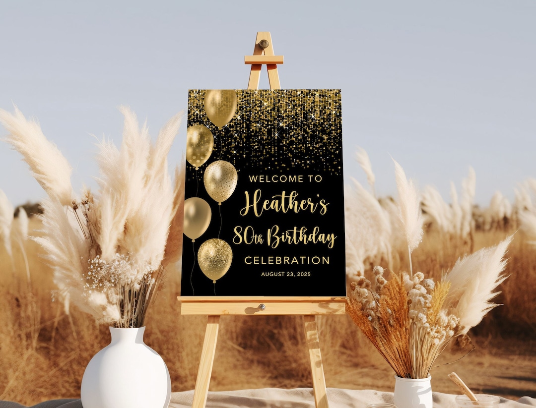 80th Birthday Welcome Sign, Black and Gold Birthday Welcome Sign ...