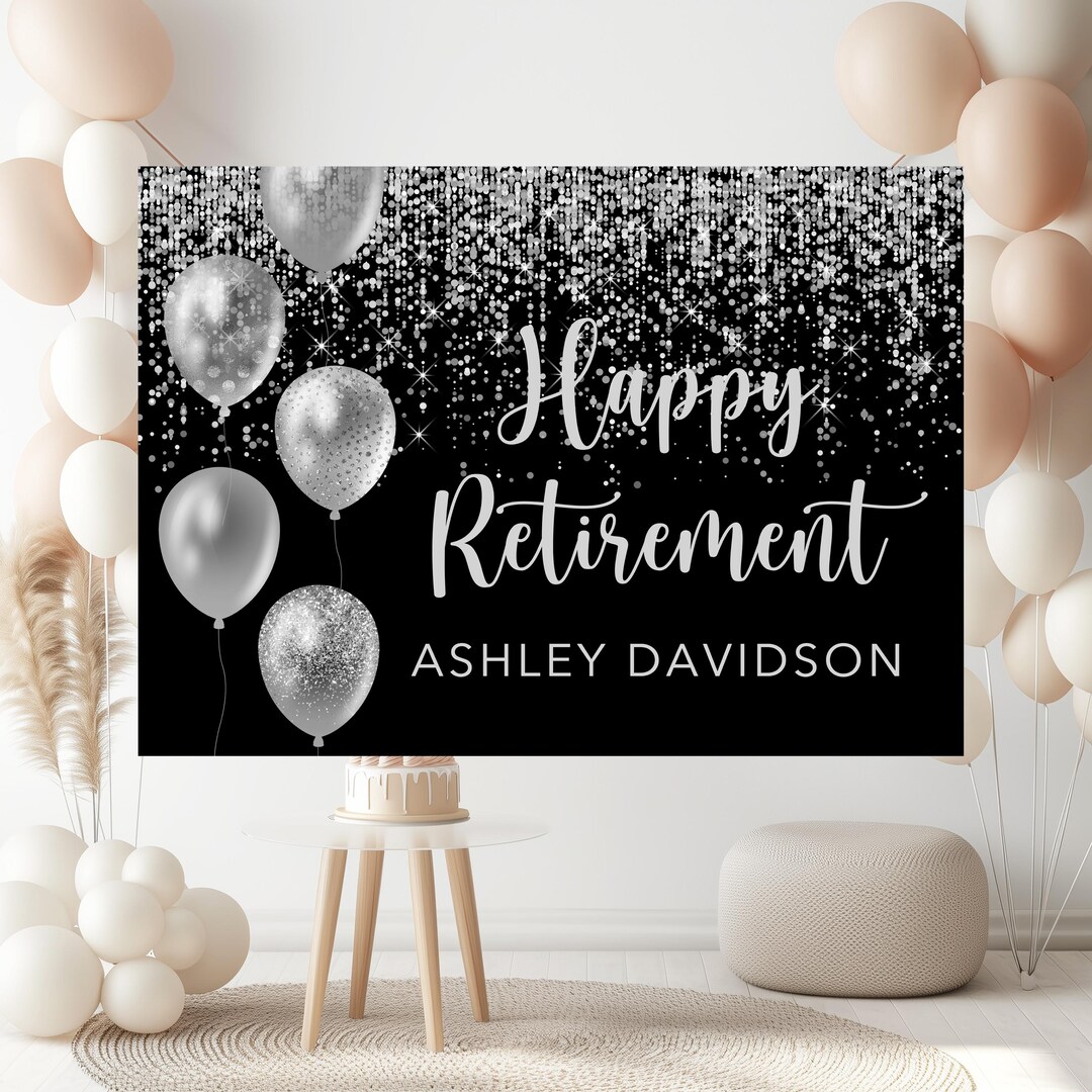 Digital File Silver Retirement Backdrop, Balloons Retirement Party ...