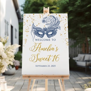 Navy Gold Masquerade Party Welcome Sign, Sweet 16 Welcome Sign ...