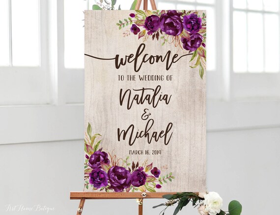 Rustic Welcome Wedding Sign Purple Wedding Welcome Sign | Etsy
