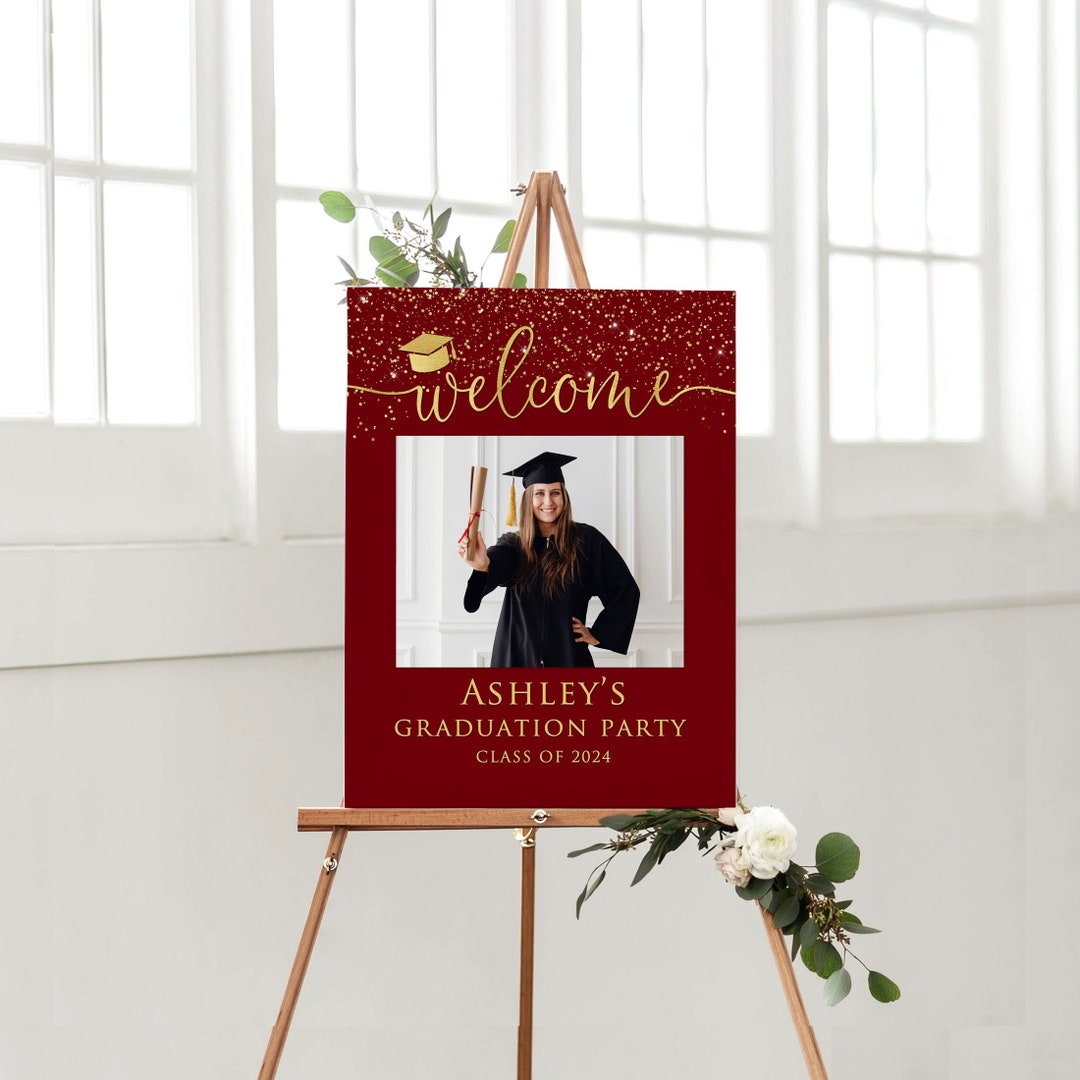 Maroon Graduation Welcome Sign, Photo Graduation Party Welcome Sign ...