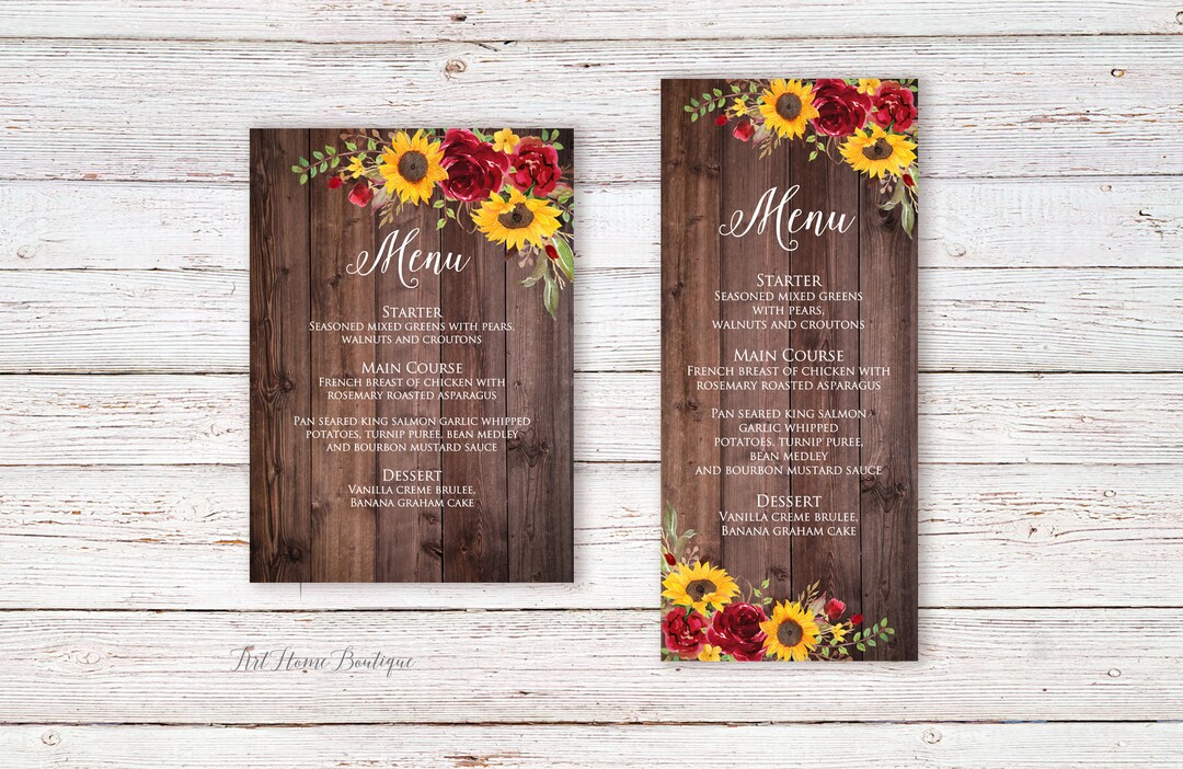 Sunflower Menu Card, Rustic Menu Card, Sunflowers and Roses Wedding ...