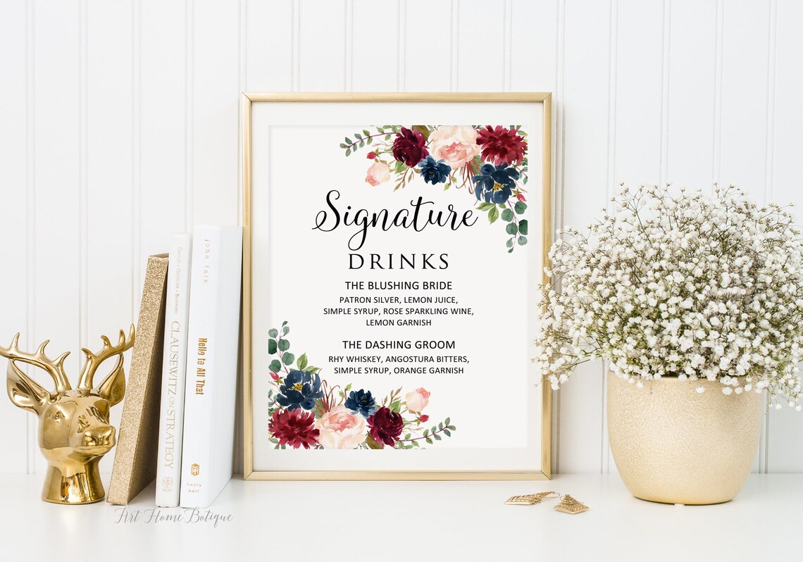 Signo de bebidas exclusivas, letrero de menú del bar de bodas de la ...