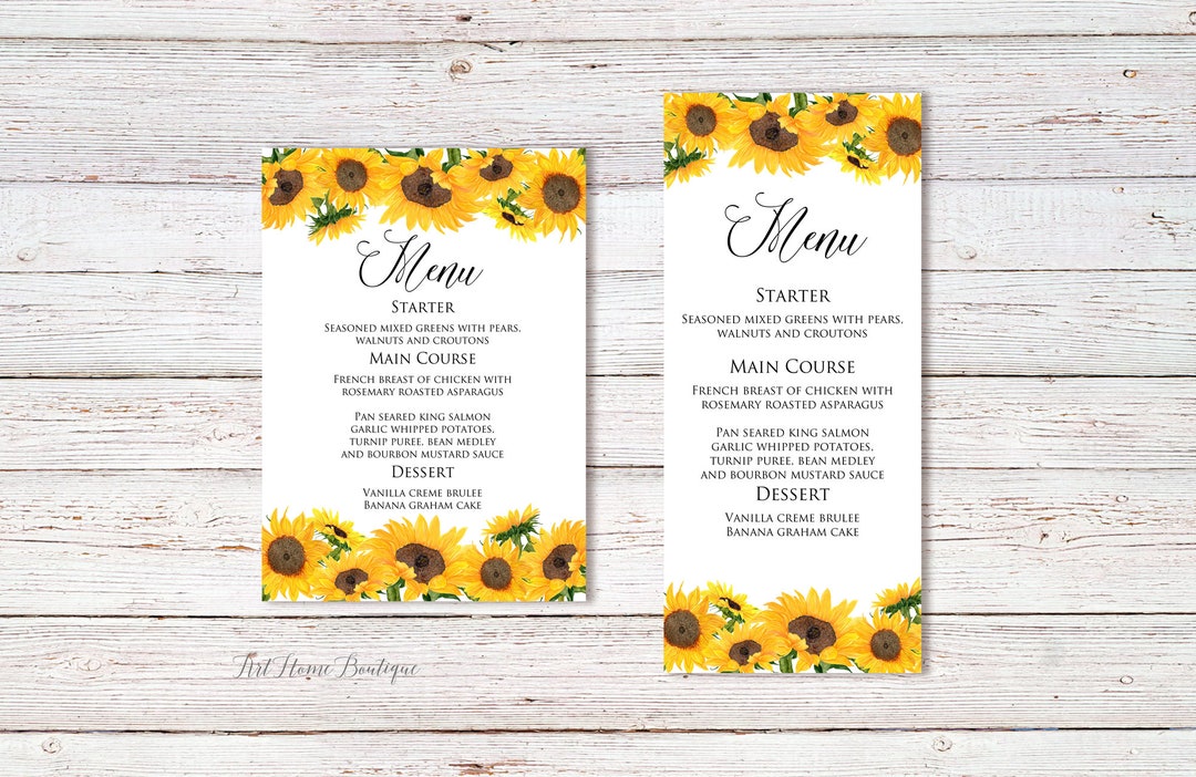 Sunflowers Menu Card, Birthday Menu Printable, Sunflower Wedding Menu ...