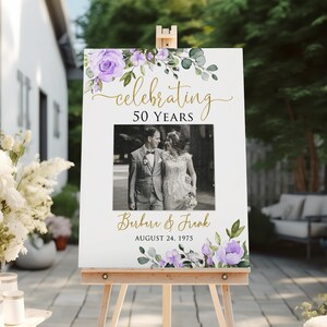 Celebrating 50 Years, Purple Gold Anniversary Sign With Photo, Lavender ...