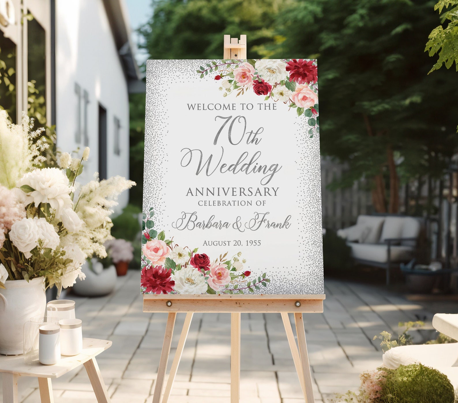70th Anniversary Welcome Sign, Red Pink White Anniversary Sign, Silver ...