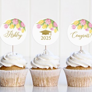 Pink and Yellow Tulips Graduation Cupcake Toppers, 2 Inch Toppers ...