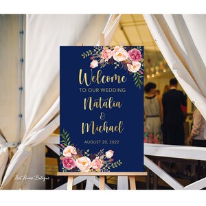 Navy Wedding Welcome Sign Navy and Pink Wedding Sign Blue - Etsy