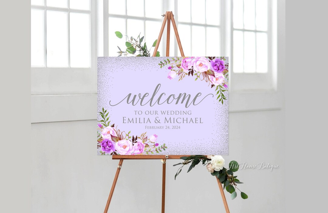 Silver Purple Wedding Welcome Sign, Welcome to Our Wedding Sign, Purple ...