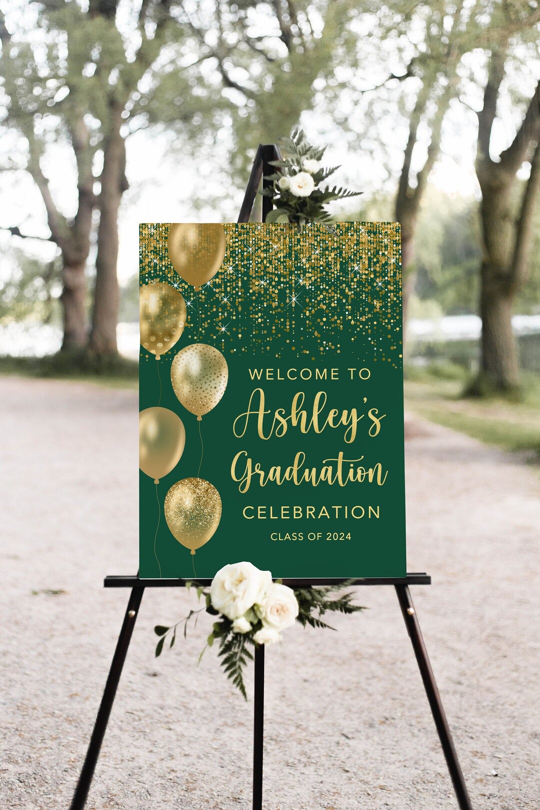 Hunter Green Graduation Party Welcome Sign, Gold Confetti Graduation ...