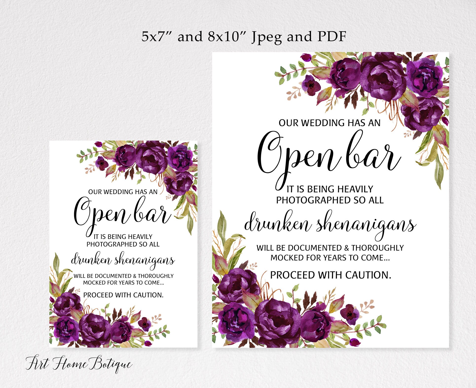 Open Bar Sign Purple Open Bar Wedding Sign Eggplant Wedding | Etsy