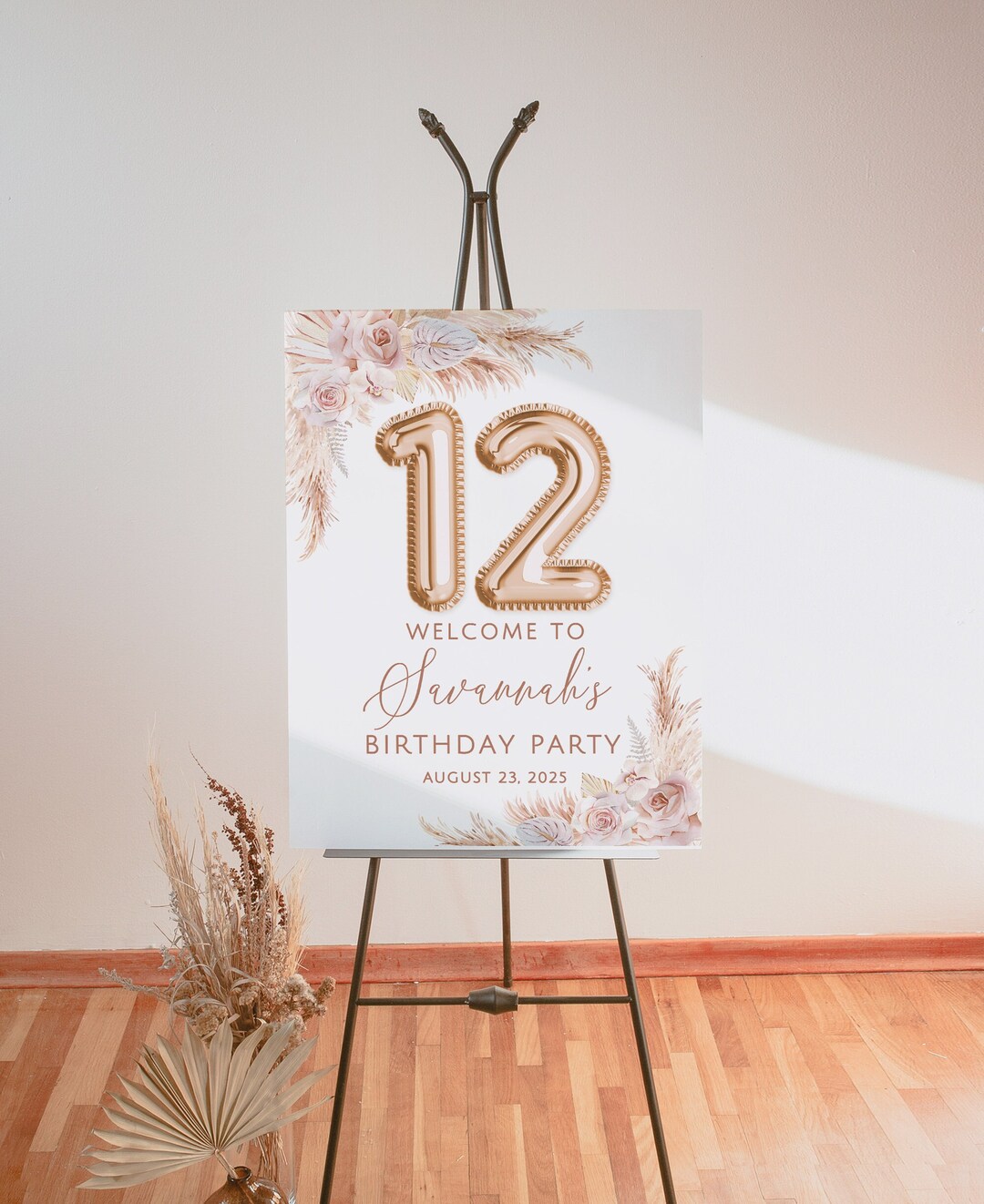 12th Birthday Welcome Sign, Bohemian Birthday Welcome Sign, Pampas ...
