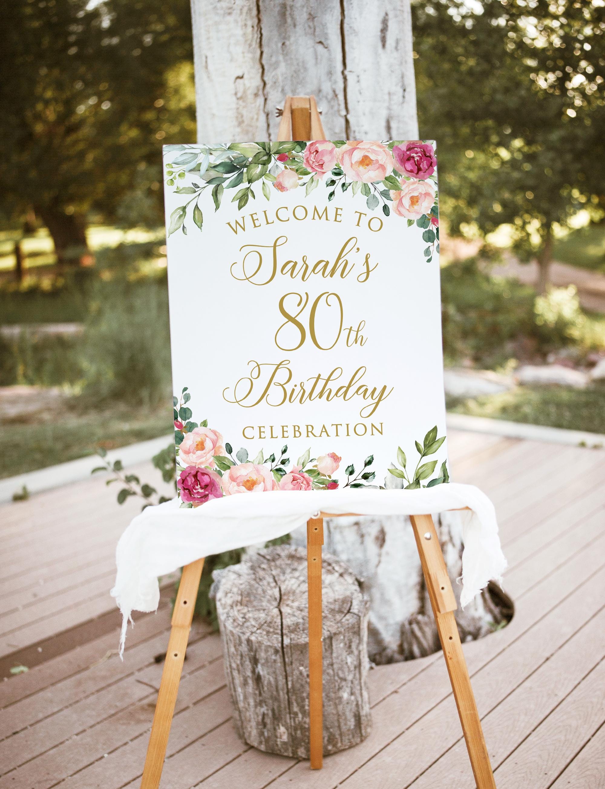 Pink Floral 80th Birthday Welcome Sign, 80 Years Milestone Birthday ...