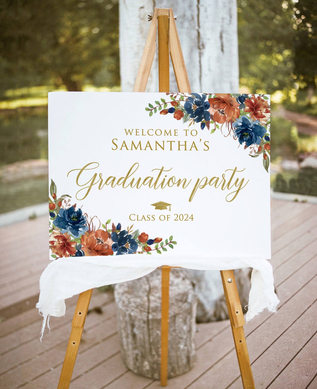 Blue Terracotta Graduation Party Welcome Sign, Rust and Navy Graduation ...