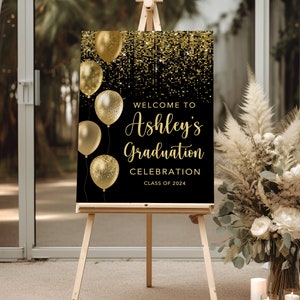 Black and Gold Graduation Party Welcome Sign, Gold Confetti Graduation ...