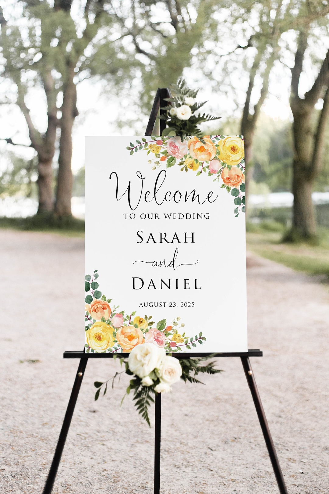 Pink Yellow Orange Wedding Welcome Sign, Floral Welcome Sign, Digital ...
