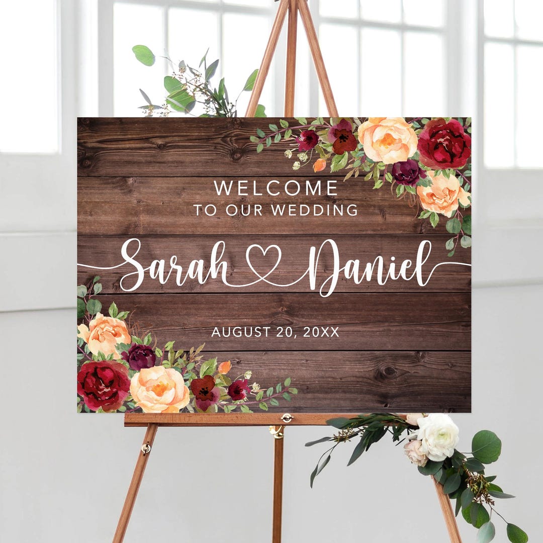 Rustic Fall Wedding Welcome Sign With Burgundy and Orange Flowers ...