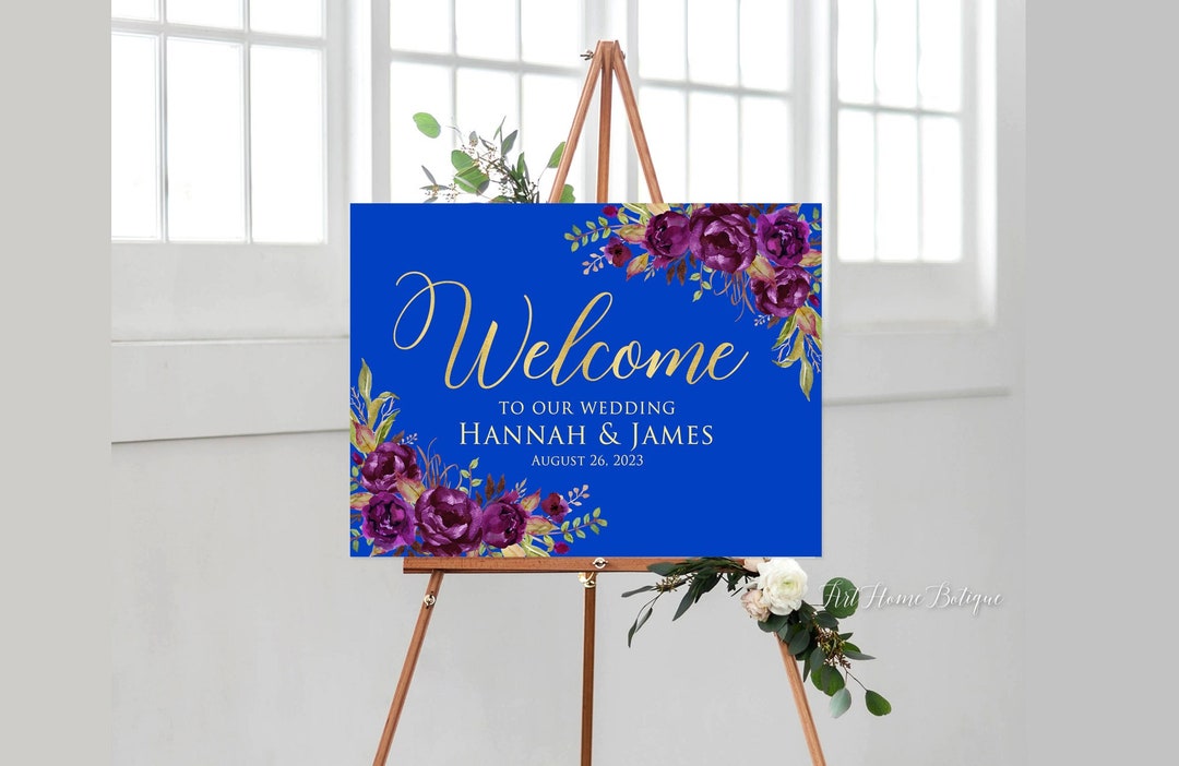 Royal Blue Wedding Welcome Sign, Plum and Blue Wedding Welcome Sign ...